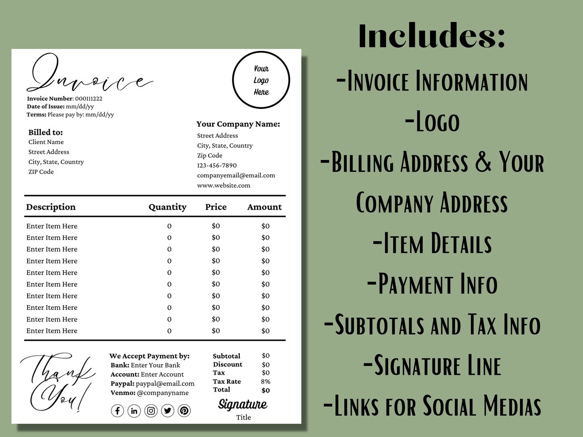 Editable Invoice Template Custom Invoice With Logo Printable - Etsy