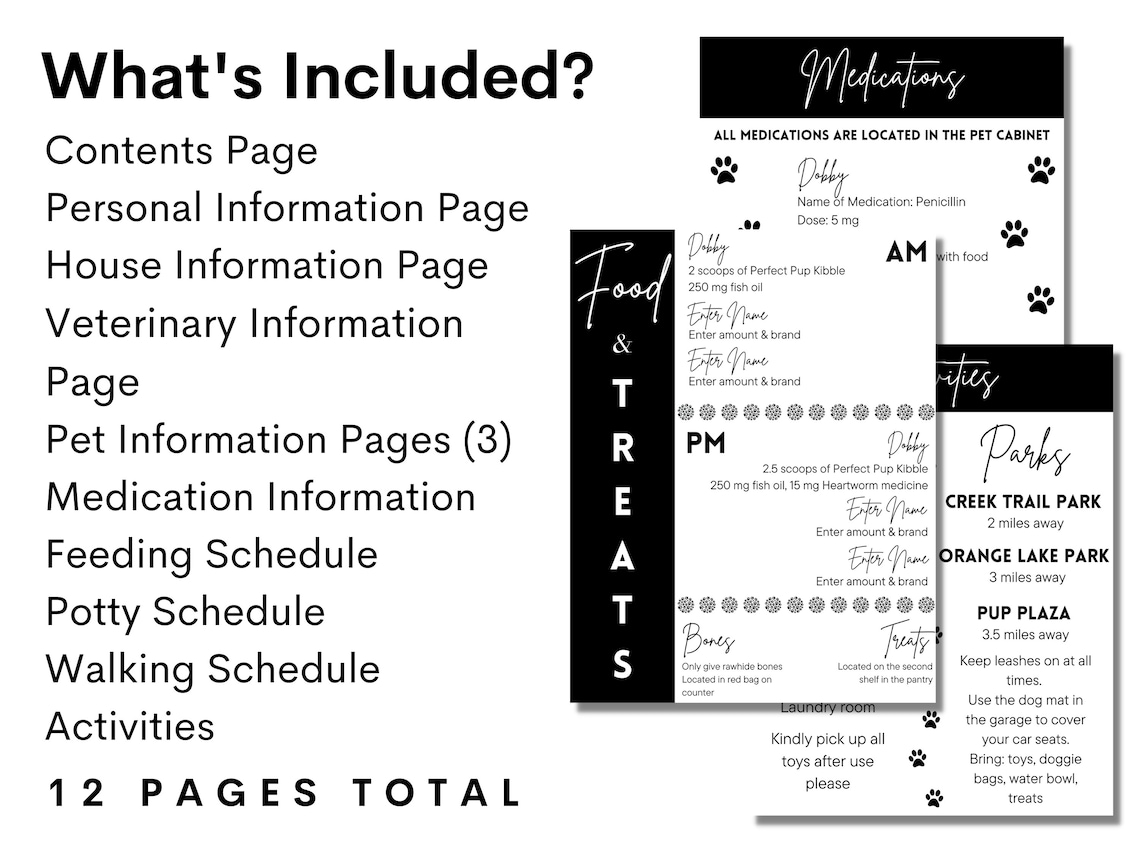 Pet Care Instructions Template, Pet Sitter Notes, Pet Sitter ...