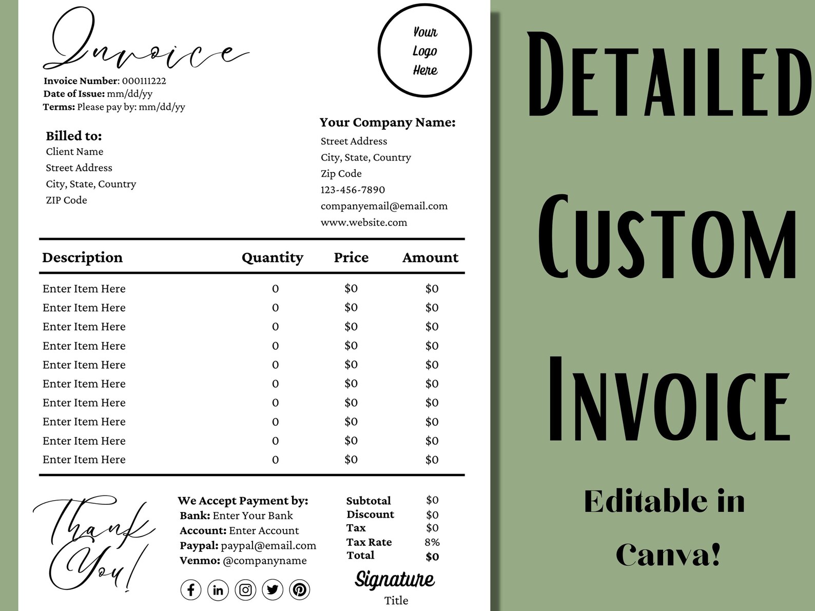 Editable Invoice Template, Custom Invoice With Logo, Printable or ...