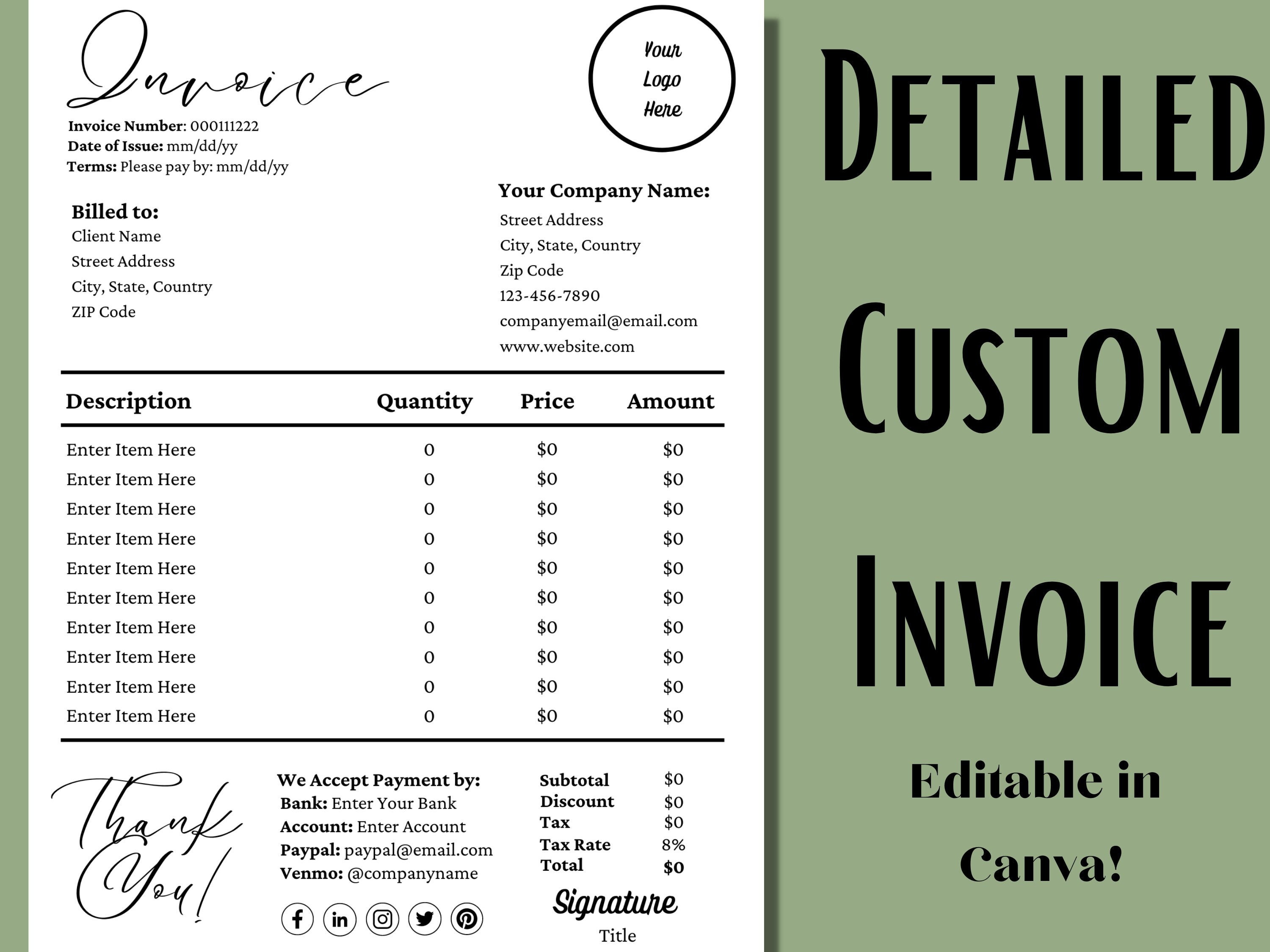 Editable Invoice Template, Custom Invoice With Logo, Printable or ...