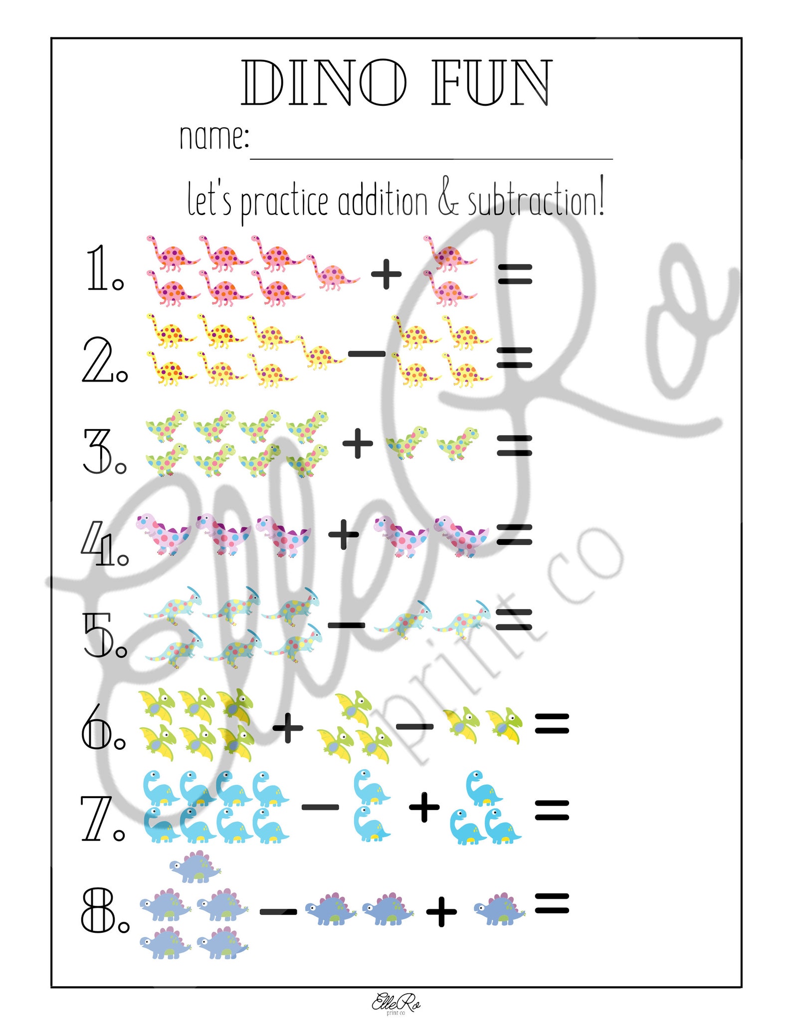 Dino Fun Math Worksheets Addition & Subtraction - Etsy