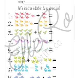 Dino Fun Math Worksheets Addition & Subtraction - Etsy