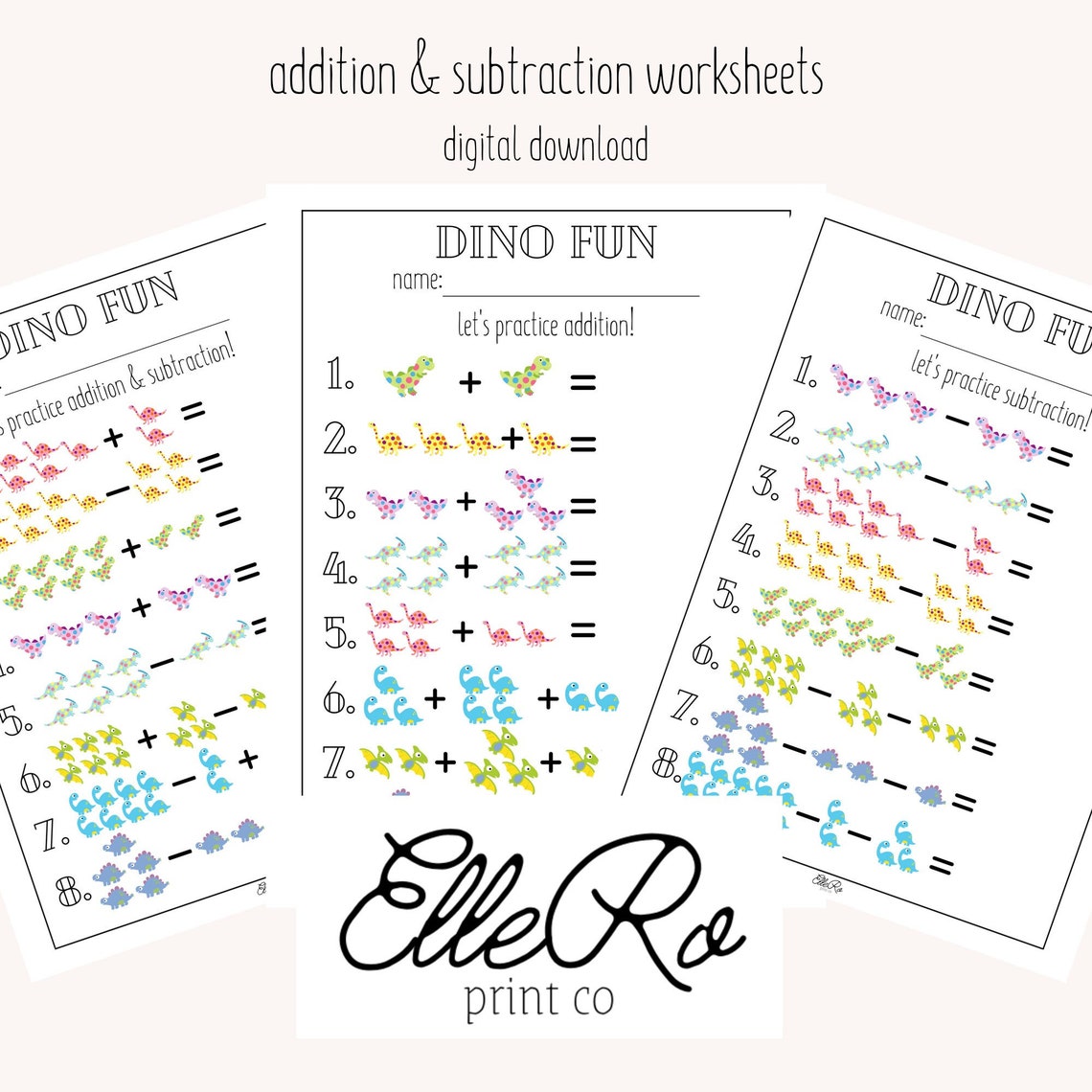 Dino Fun Math Worksheets Addition & Subtraction - Etsy