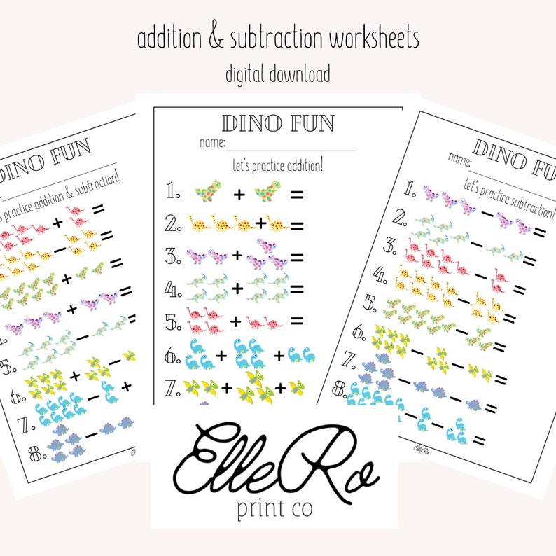 Dino Fun Math Worksheets Addition & Subtraction | Etsy