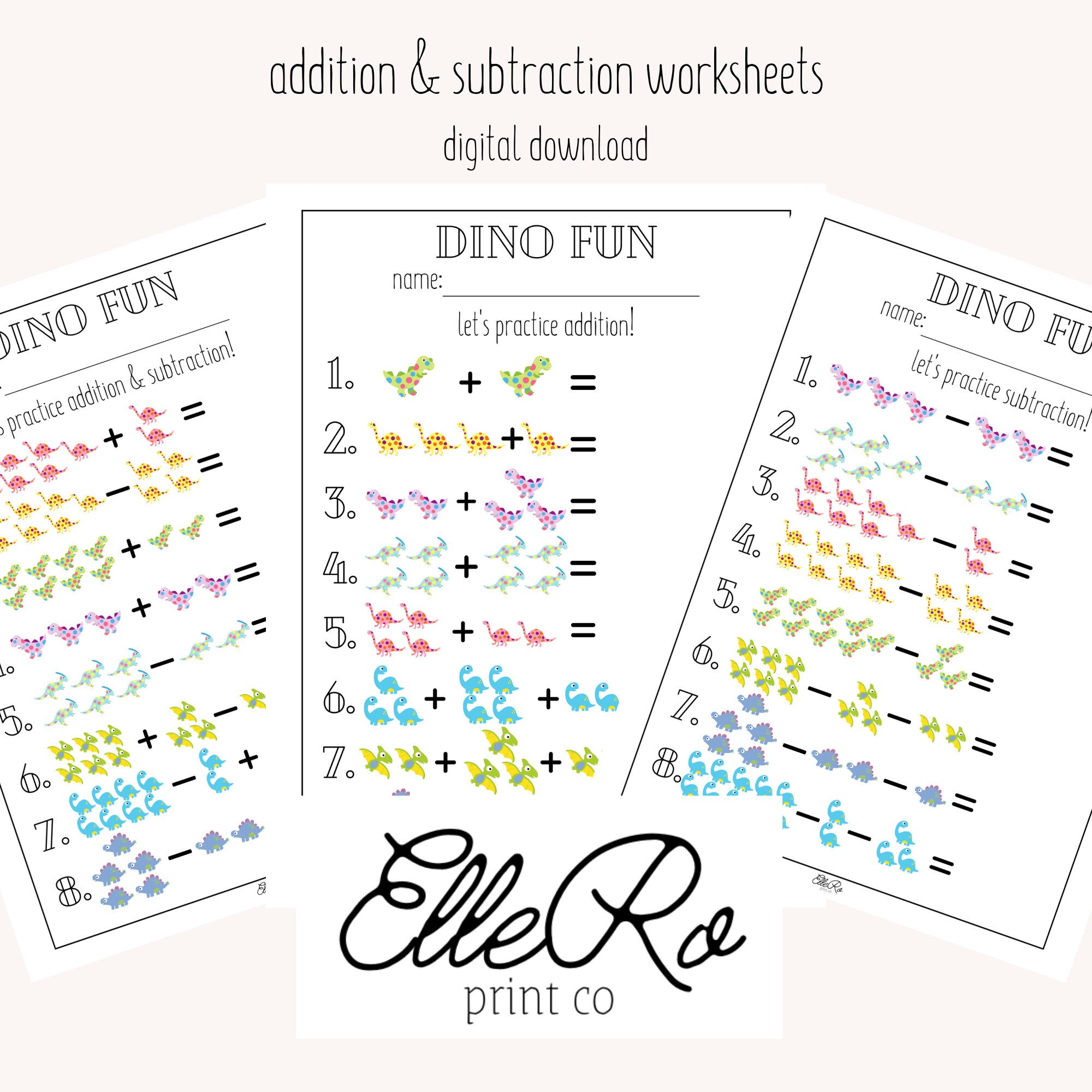 Dino Fun Math Worksheets Addition & Subtraction - Etsy