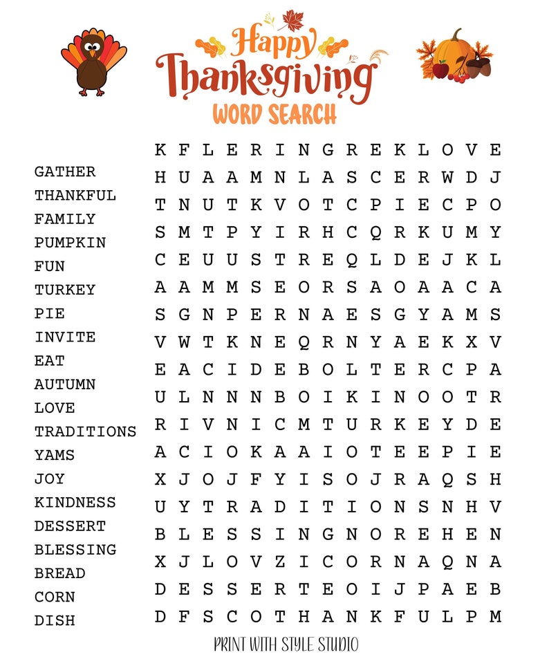 Printable Thanksgiving Word Search, Ready to Print Thanksgiving ...
