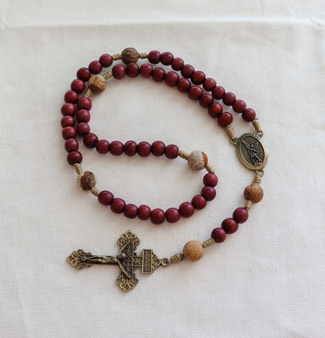 Saint Michael Rosary Cherry Wood With Jasper and Bronze Italian Pardon ...