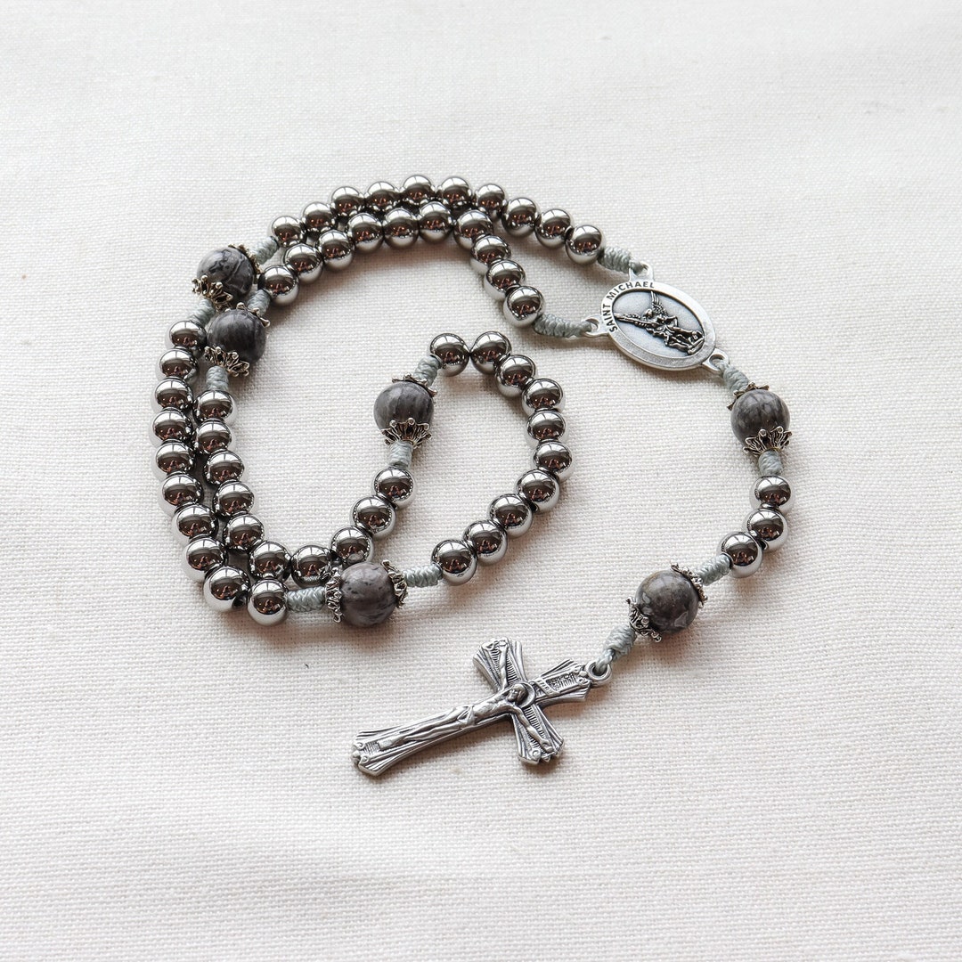 Stainless Steel Saint Michael Rosary With Silver Leaf Jasper Stones ...