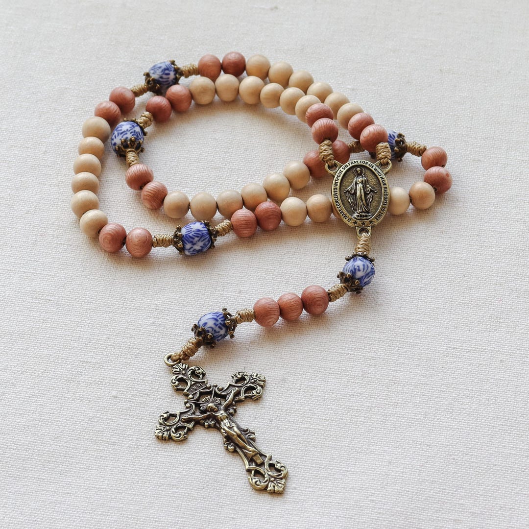 Miraculous Medal Rosary | Recycled Blue Glass, Rosewood, Cream Wood ...