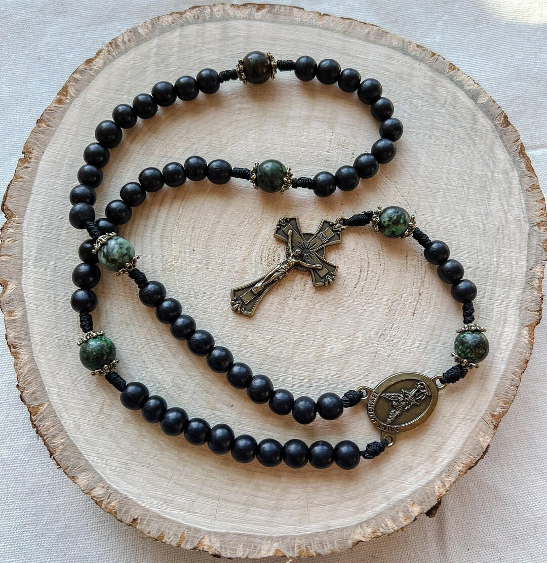 Saint Michael Rosary With Black Wood, African Turquoise Stone and ...