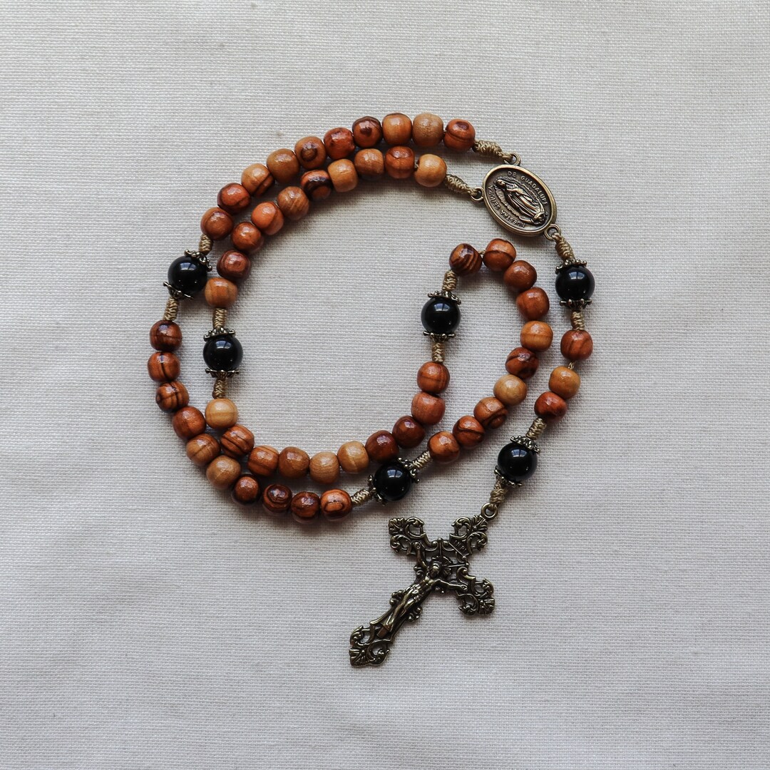 Holy Land Olive Wood Our Lady of Guadalupe Rosary With Onyx Beads ...