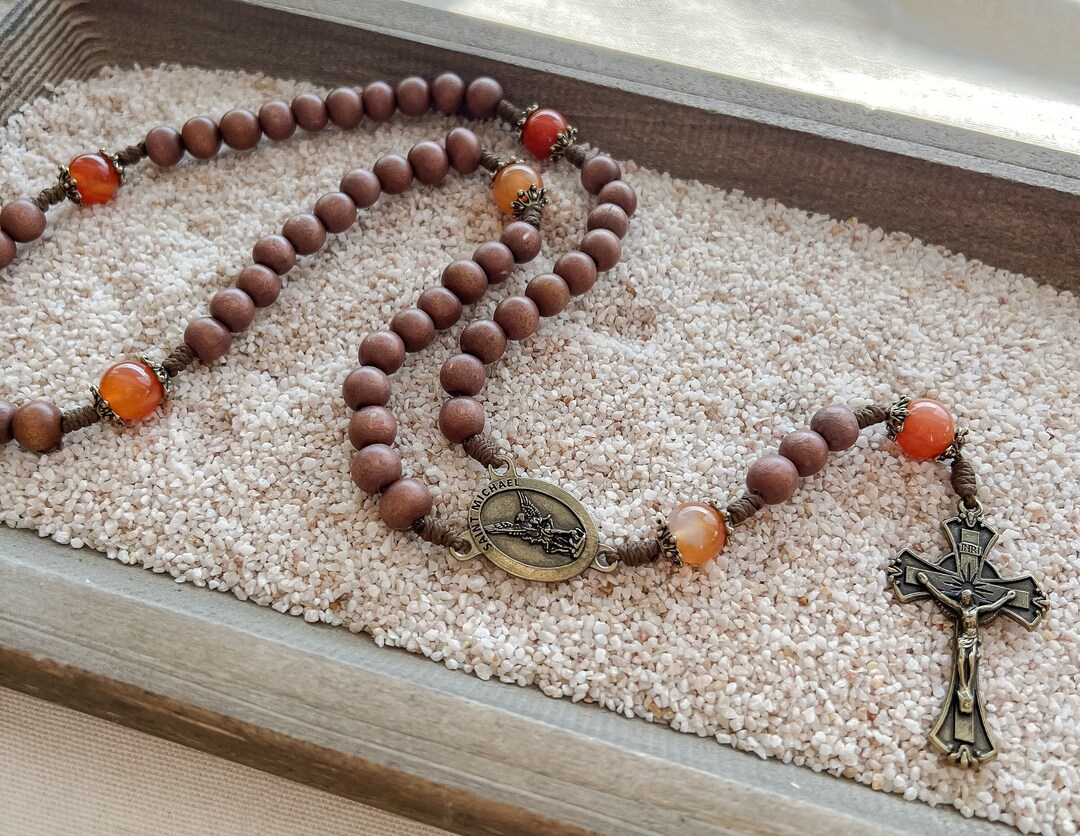 Saint Michael Rosary With Brown Wood, Red Carnelian Stone and Bronze ...
