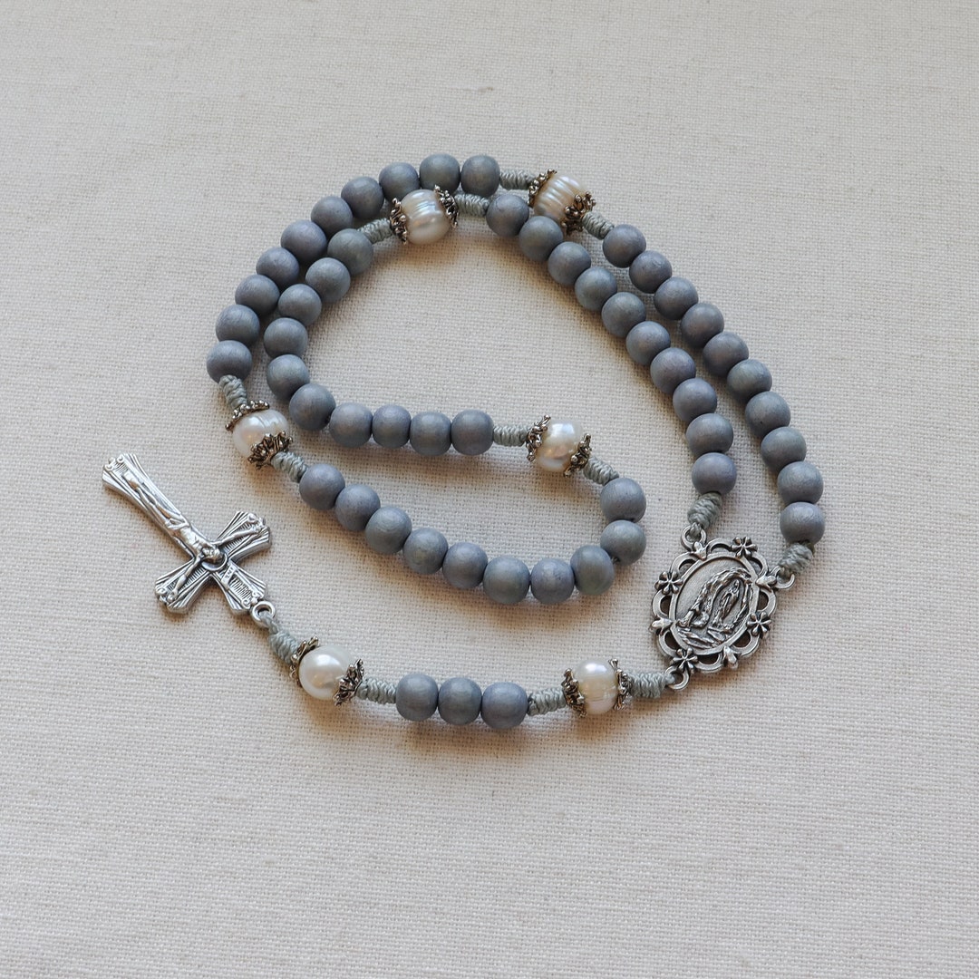 Freshwater Pearl Rosary | Gray Wood Beads, Italian Silver Tone Crucifix ...