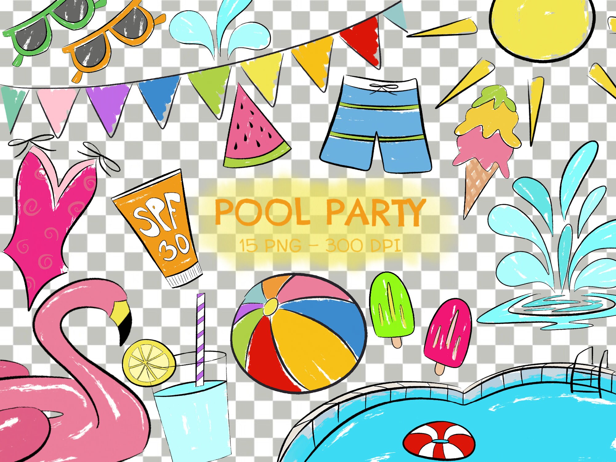 Pool Party Bundle Clip Art PNG || Summer Beach Ball Swim Sun Sunglasses ...