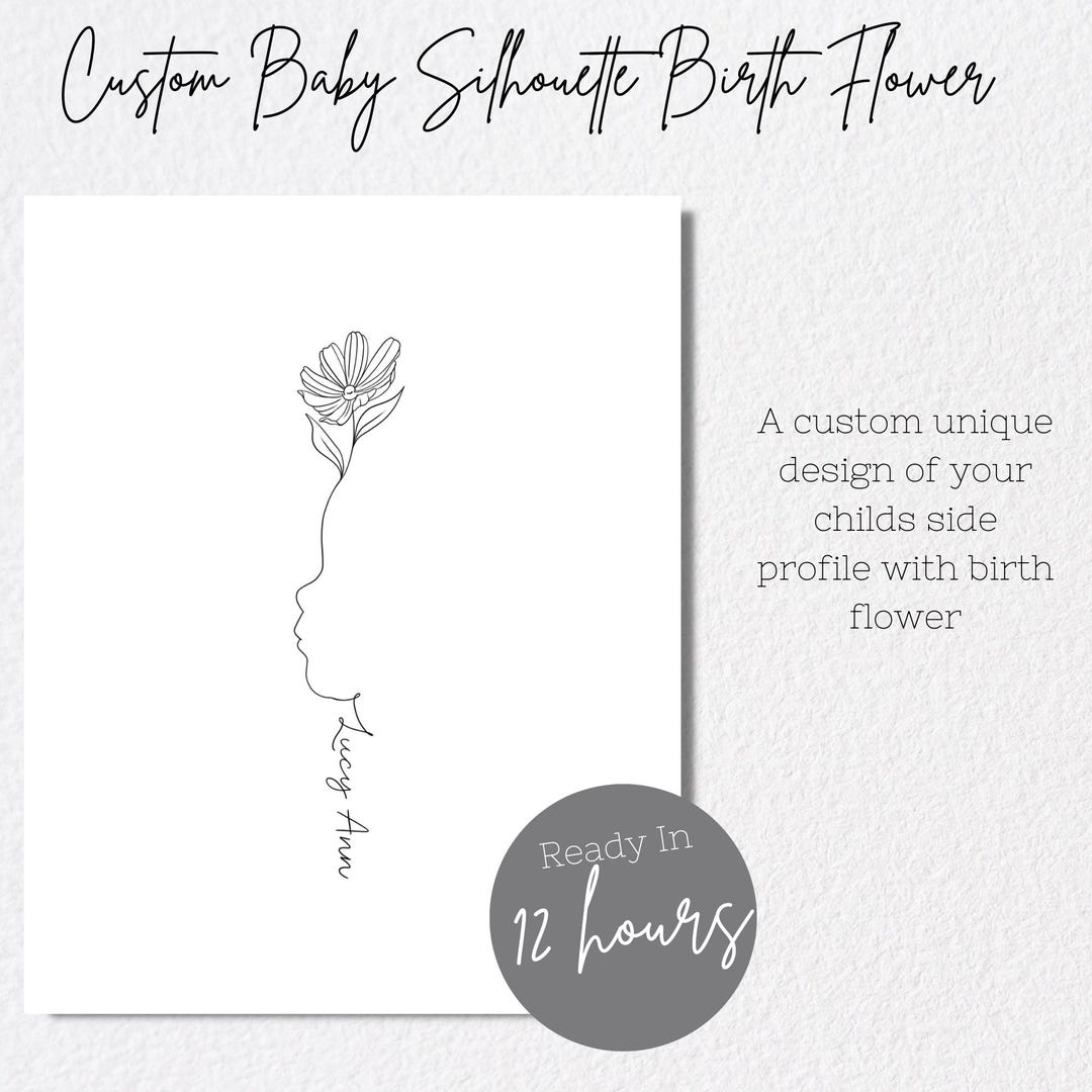 Custom Minimal Baby Side Profile Silhouette Birth Flower/name Fine Line ...