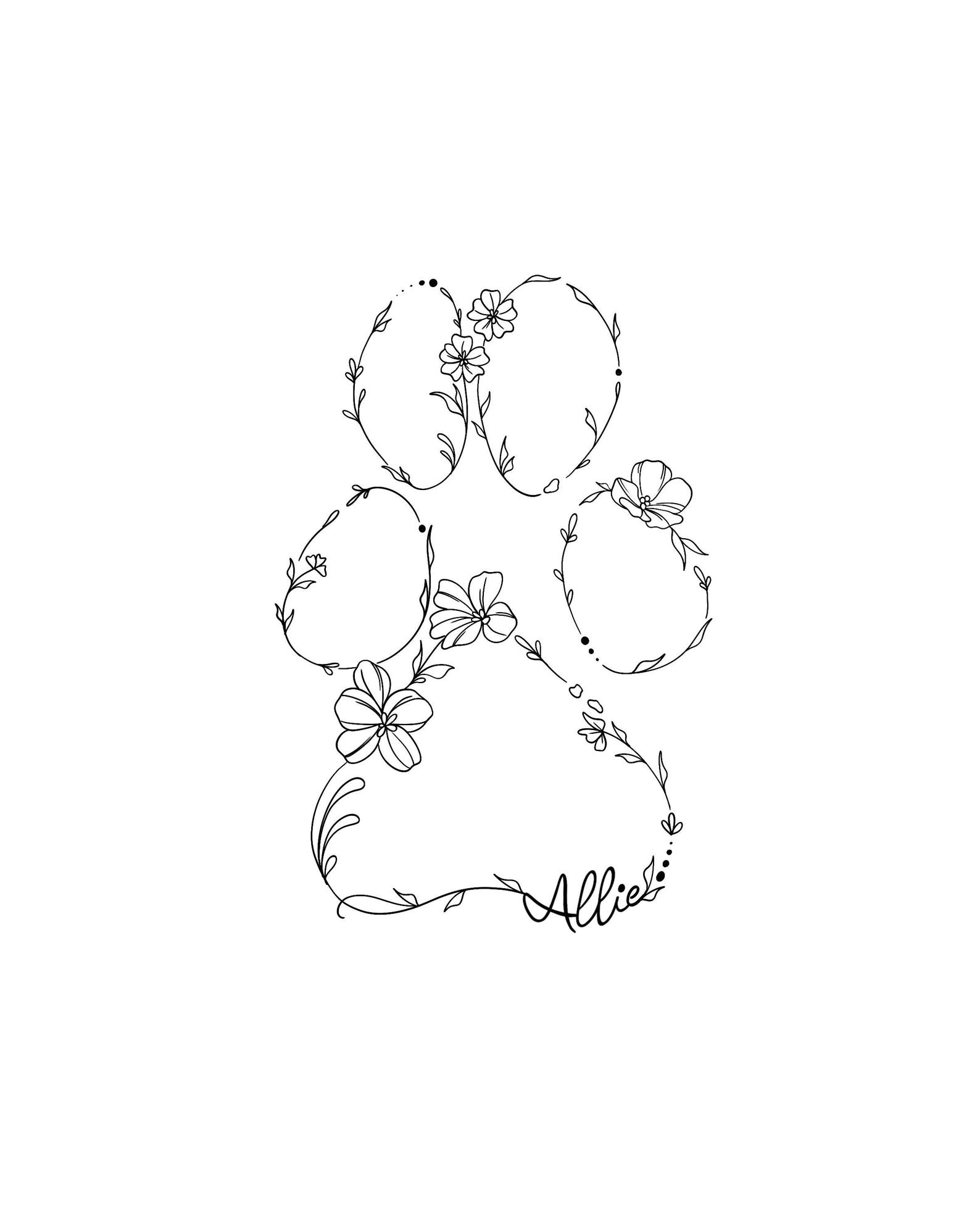 Custom Pet Floral Paw Print Digital Tattoo Design Embroidery Pattern ...