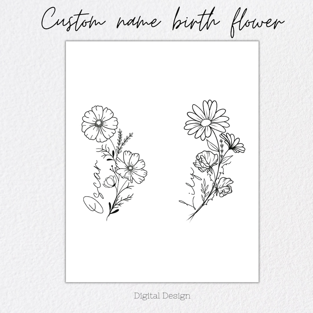 Custom Name Birth Flower Bouquet Tattoo Digital Print Design PNG SVG ...