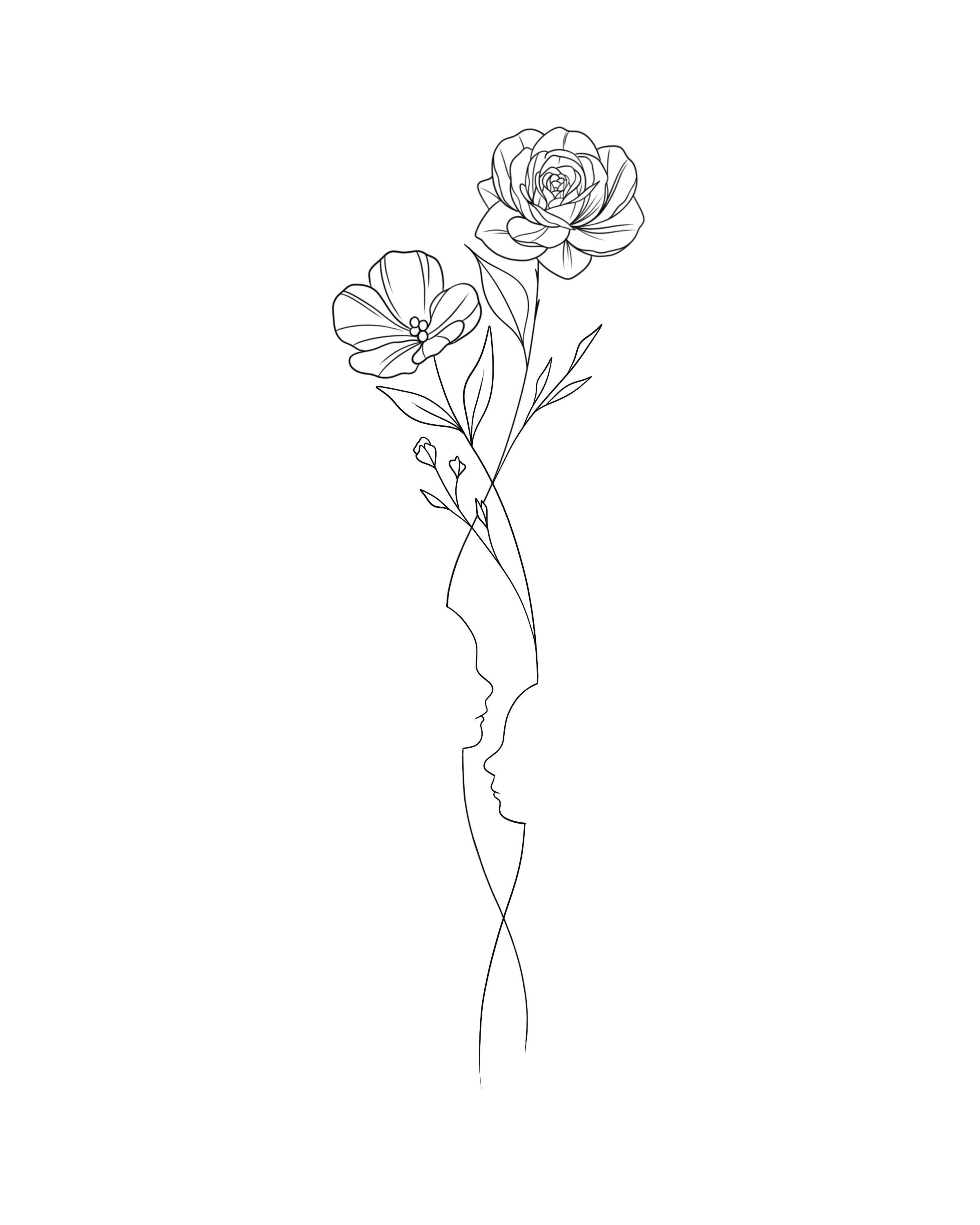Minimalist Custom Baby Side Profile Birth Flower Bouquet Siblings/twins ...