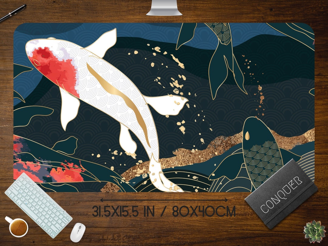 Japanese Koi Fish Desk Mat, XL Large Gaming Mouse Pad, Minimalist Japan ...
