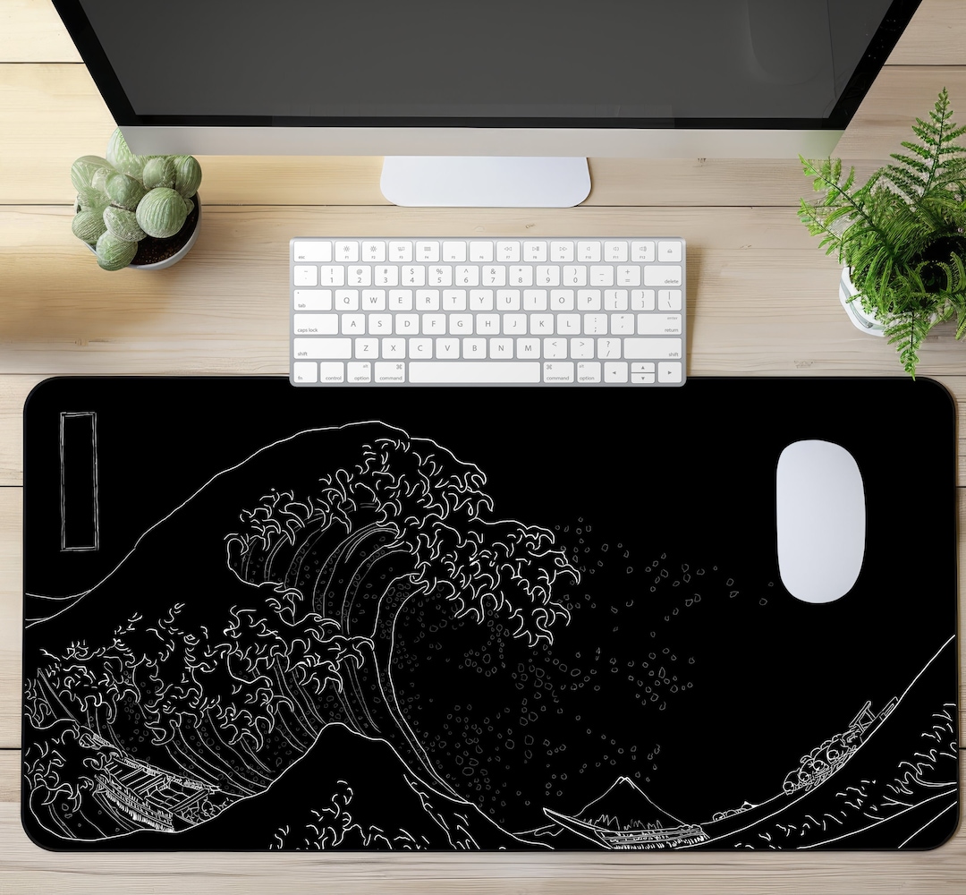 Black & White Great Wave off Kanagawa Desk Mat, Minimalistic Japanese ...