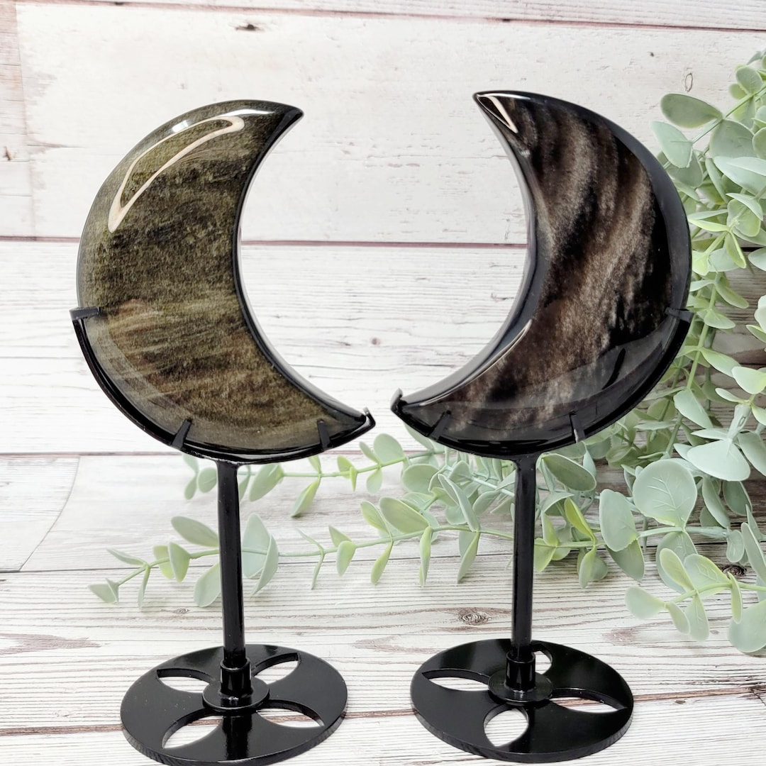 Obsidian Moon on Stand, Silver Sheen Obsidian Moon, Gold Sheen Obsidian Moon, Crystal Moon ...