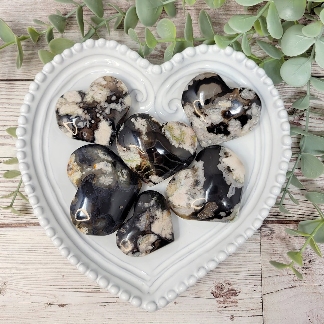 Black Flower Agate Heart Black Flower Agate Crystal Hearts Heart Shaped ...