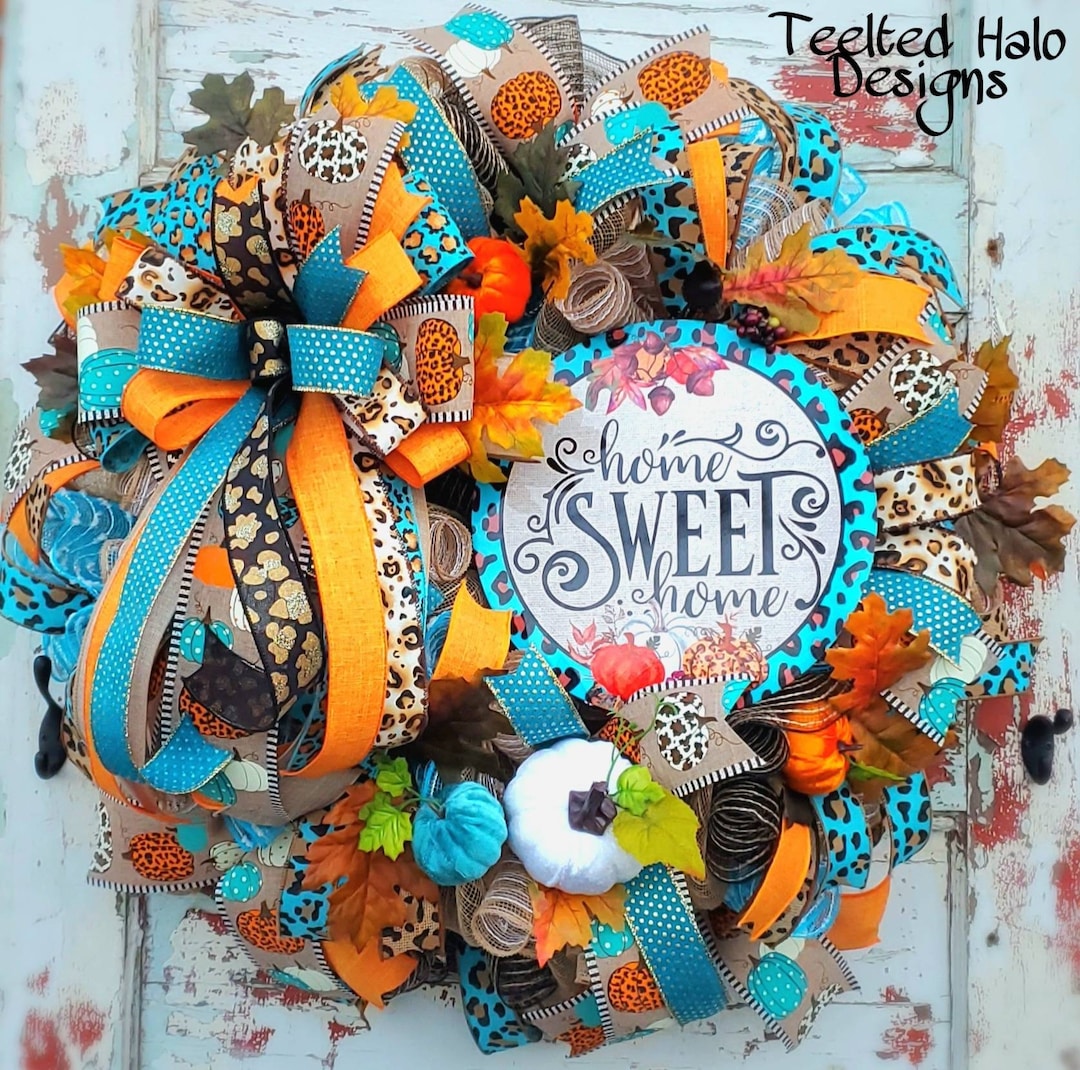 Fall Wreath: Cheetah, Turquoise, and Orange Pumpkin Decor - Etsy