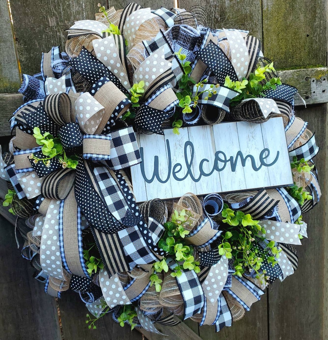 Farmhouse Welcome Wreath: Burlap & Buffalo Check Door Decor - Etsy