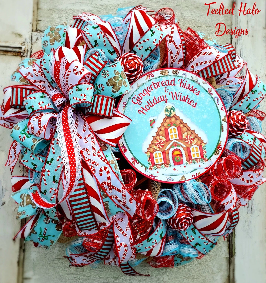 Gingerbread Winter Holiday Wreath, Red and Ice Blue Holiday Decor ...