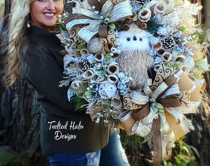 Winter Owl Wreath, Christmas Woodland Owl Swag, Glam Snowy Owl Holiday ...