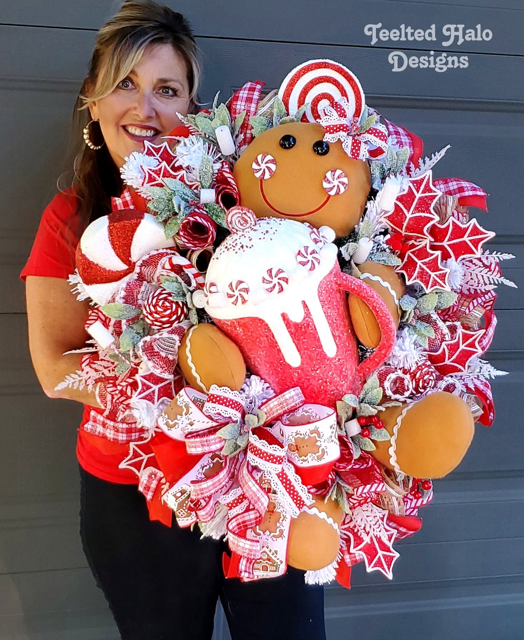 XL Gingerbread Christmas Wreath, Hot Cocoa Winter Decor, Gingerbread ...