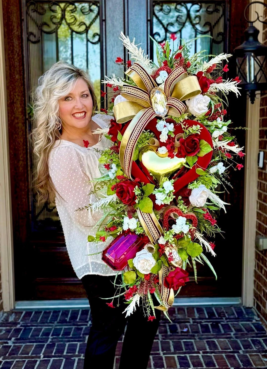 XL Romantic Glam Valentine Door Swag With Gems, Burgundy Red & Gold ...