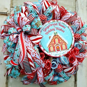 Gingerbread Winter Holiday Wreath, Red and Ice Blue Holiday Decor ...
