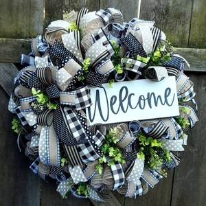 Farmhouse Welcome Wreath: Burlap & Buffalo Check Door Decor - Etsy