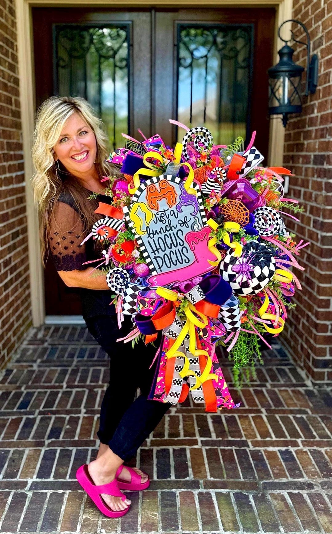 Neon Halloween Wreath: Hocus Pocus Sign, Velvet Ribbons & Harlequin - Etsy