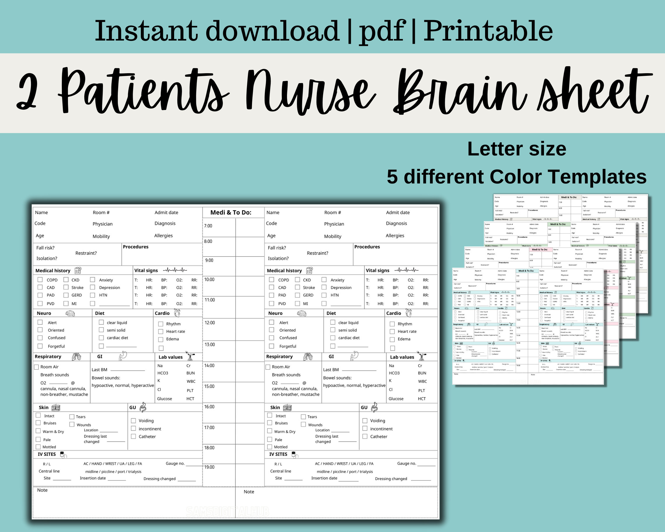 2 Patients Nurse Brain Sheet, RN Report Sheet, Nurse Handoff Sheet ...