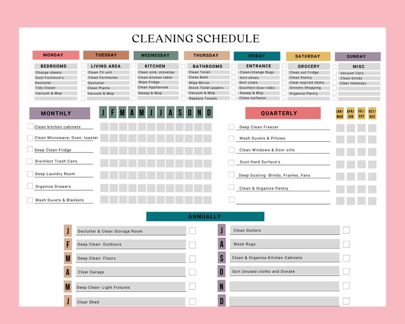 Editable Cleaning Schedule, Printable, Weekly, Monthly, Yearly Cleaning ...