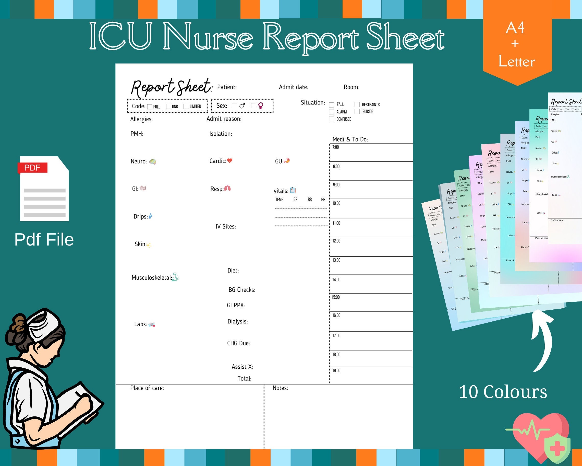 ICU Report Sheet Printable Nurse Report Sheet ICU Nurse Brain Sheet ...