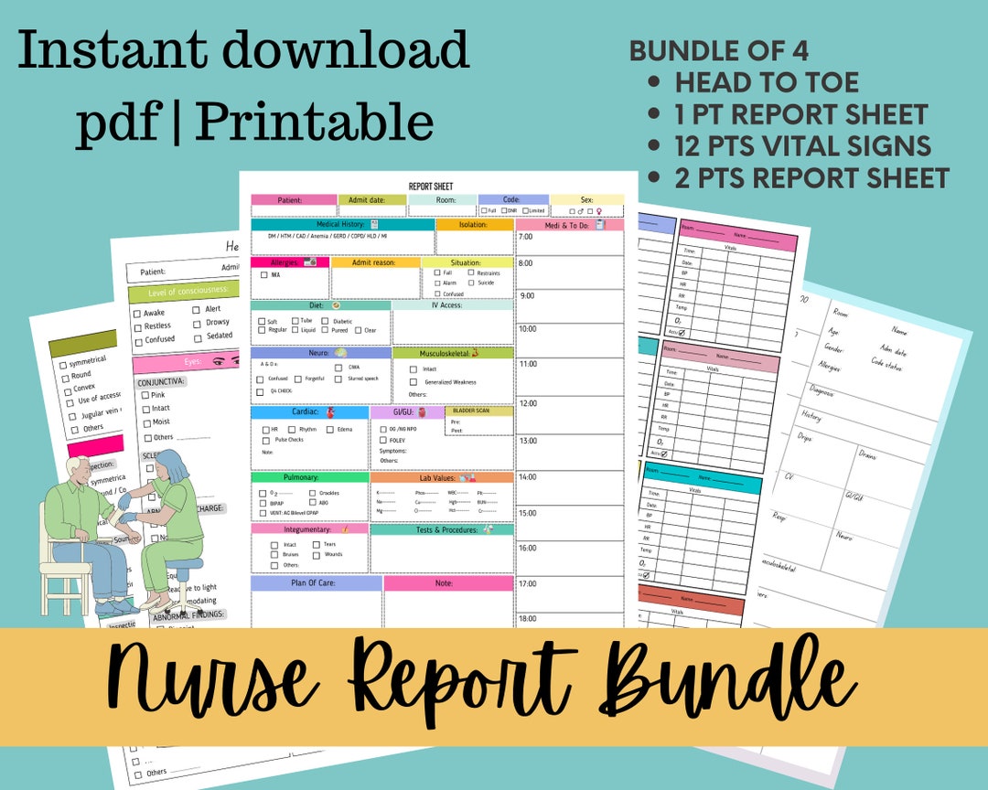 Nursing Bundle Nurse Report Sheet Icu Nurse Vital Signs Head to Toe ...
