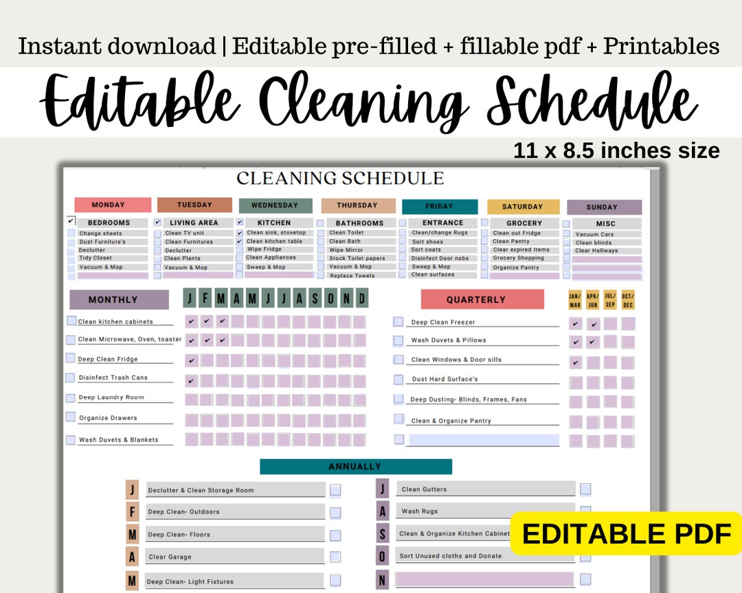 Editable Cleaning Schedule, Printable, Weekly, Monthly, Yearly Cleaning ...