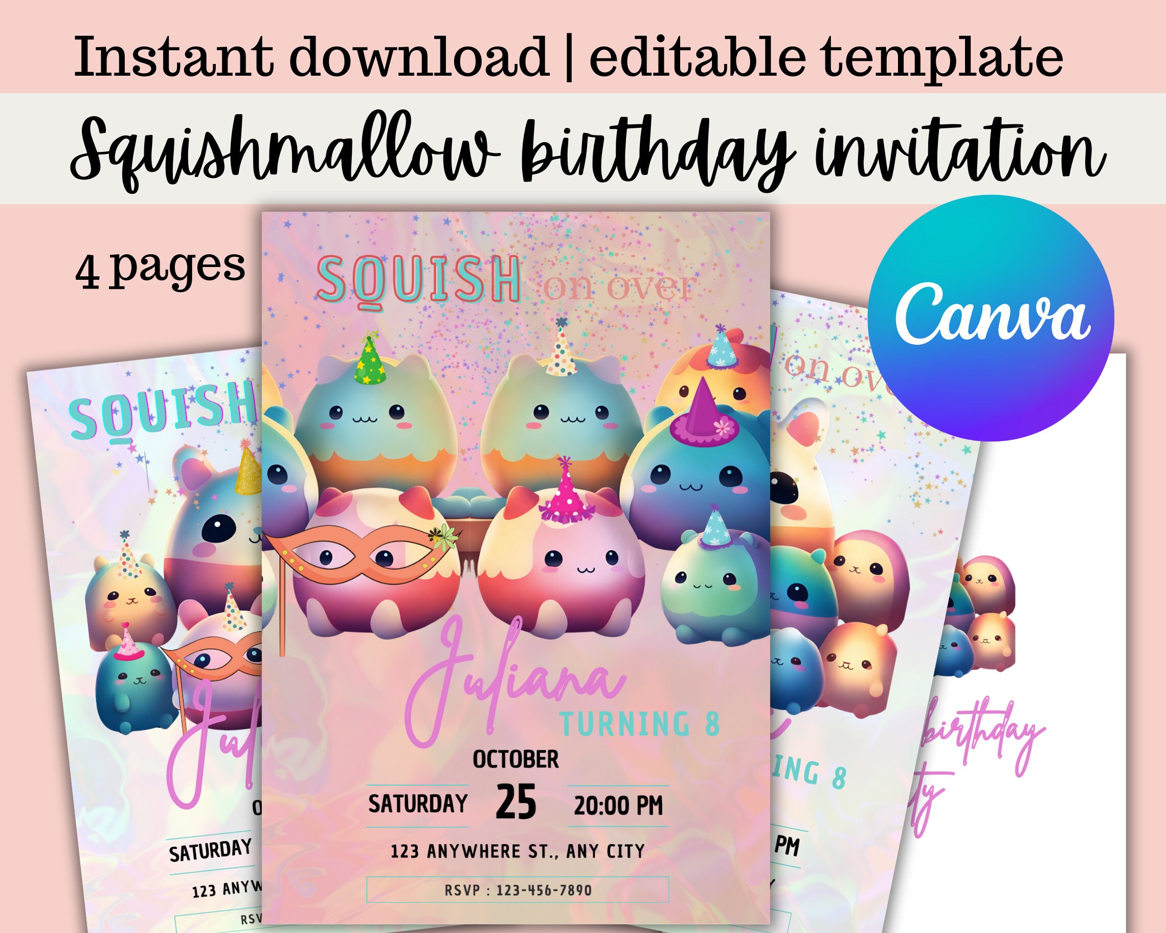 Squishmallow Birthday Invitation, Squishy Invitation,customizable ...