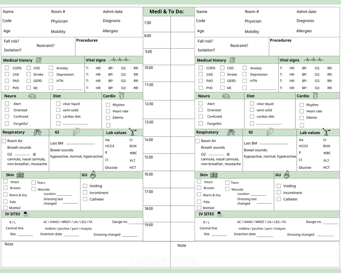 2 Patients Nurse Brain Sheet, RN Report Sheet, Nurse Handoff Sheet ...