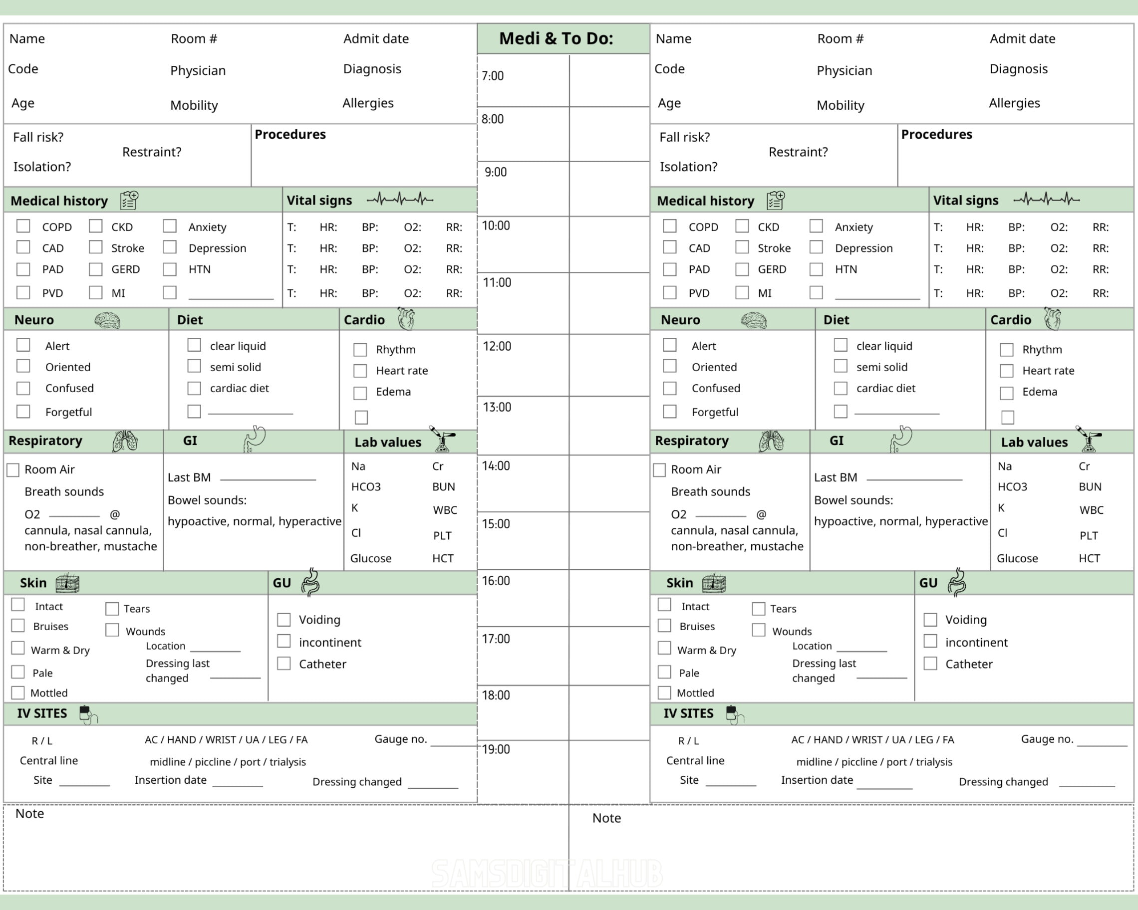 2 Patients Nurse Brain Sheet, RN Report Sheet, Nurse Handoff Sheet ...