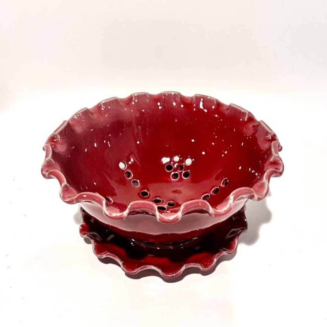 Red Ceramic Berry Bowl With Matching Saucer, Ruffled Rim - Etsy