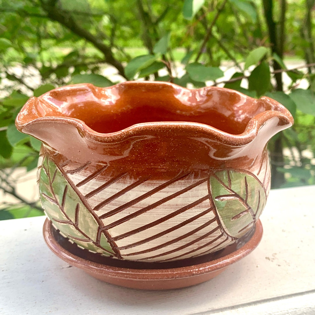 Small Terra Cotta Flower Pot - Hand Painted and Carved With Matching ...