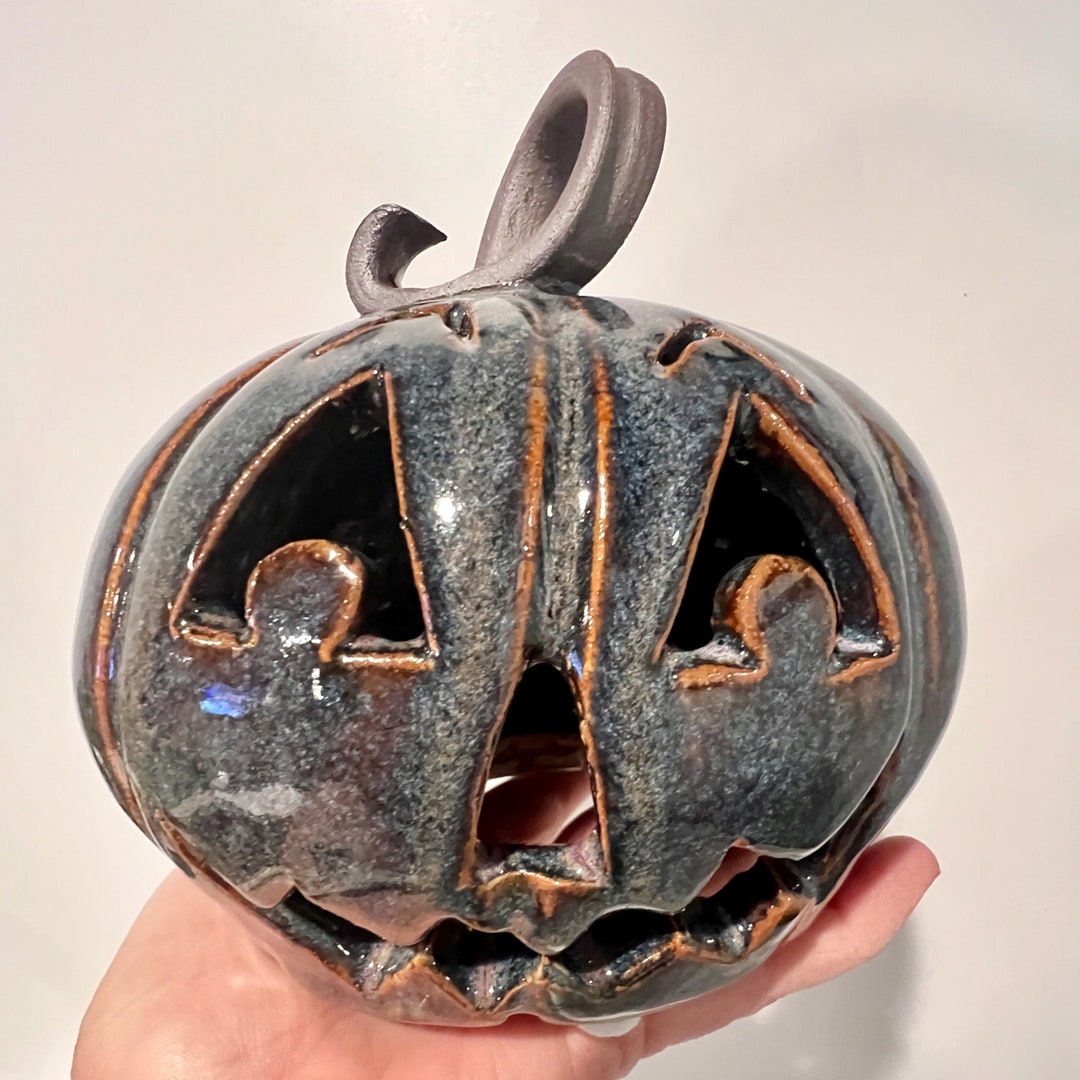 Ceramic Jack-o-lantern Luminary, Wheel Thrown, Rusty Blue - Etsy UK