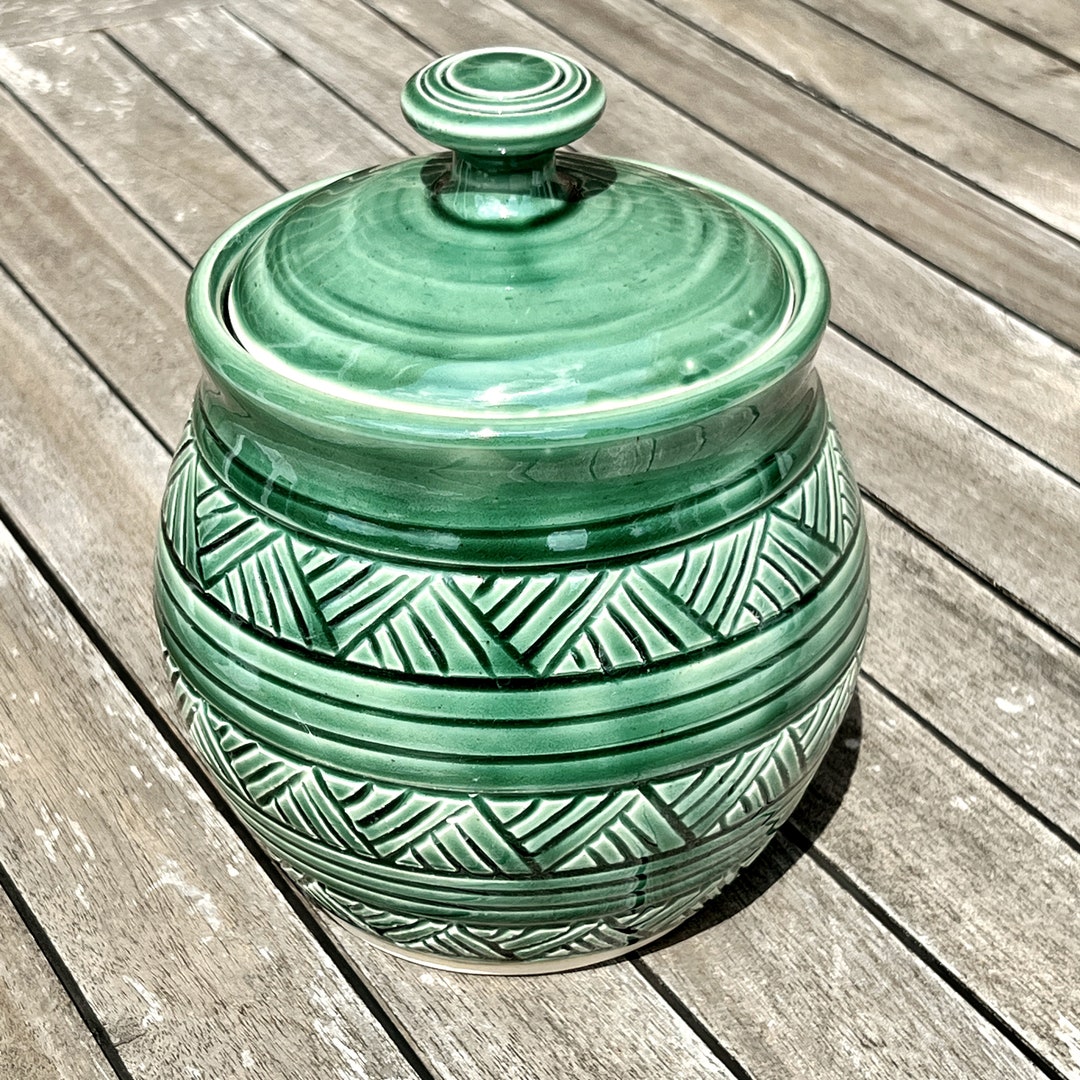 Handmade Ceramic Covered Jar Hand Carved Emerald Green - Etsy