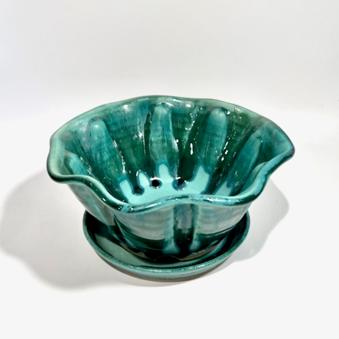 Turquoise and Green Ceramic Flower Pot With Wavy Rim - Etsy