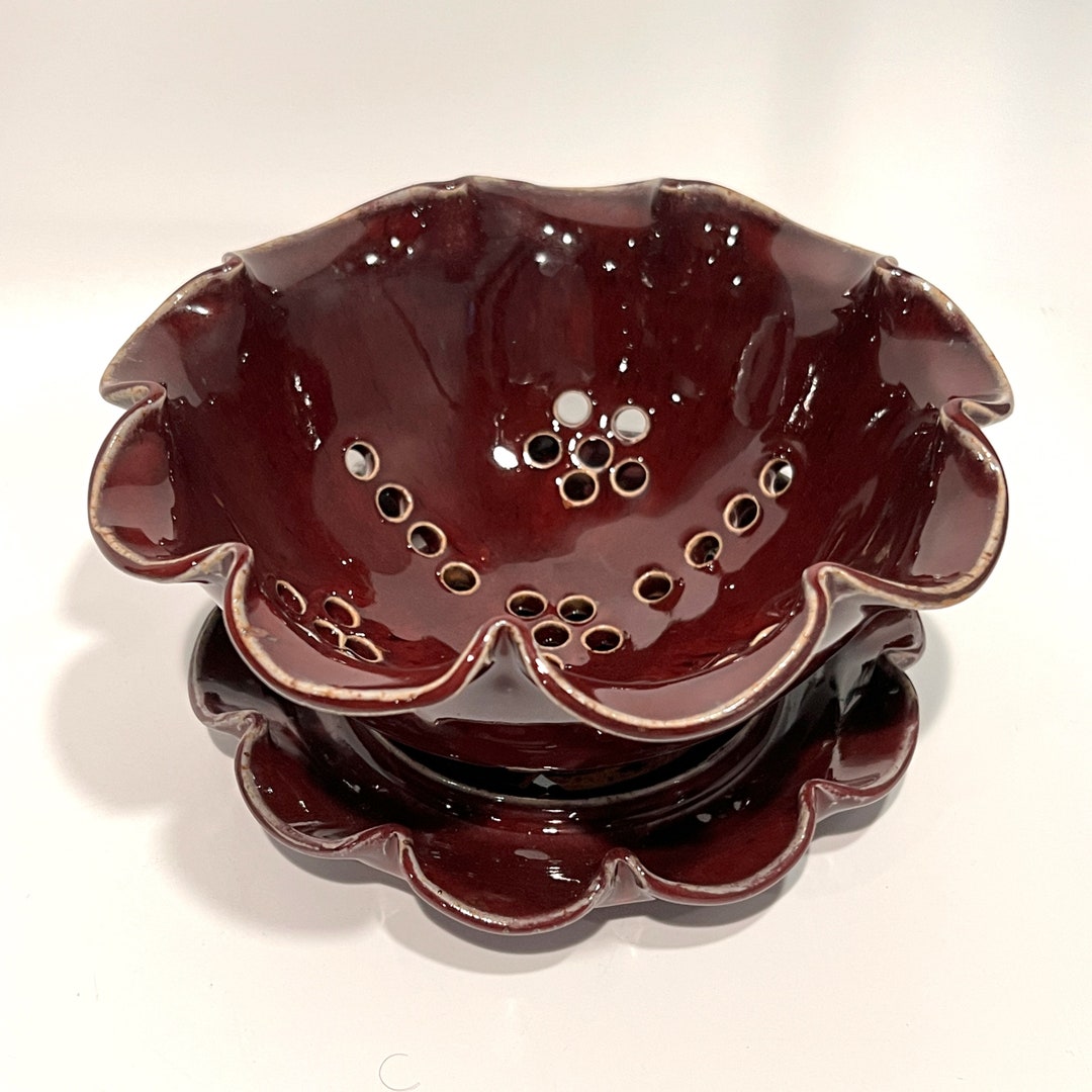 Burgundy Ceramic Berry Bowl With Matching Saucer, Scalloped Rim - Etsy
