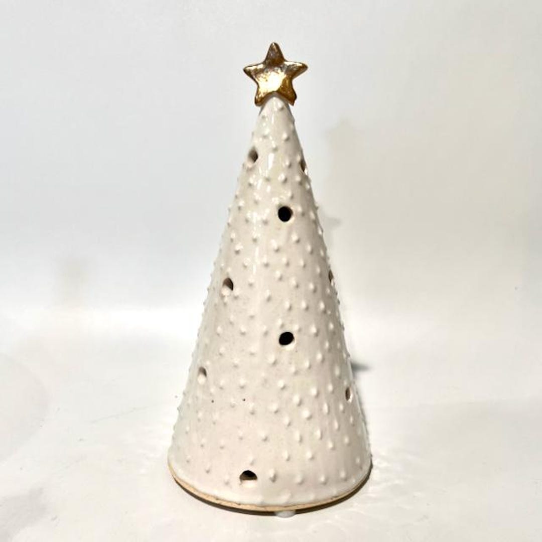 White Ceramic Christmas Tree Luminary, Slip Decorated, Gold Metallic ...